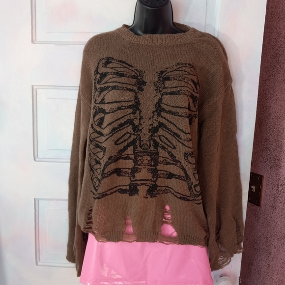 ROMWE | Sweaters | Earthy Brown Ribcage Punk Thick Soft Warm Sweater ...